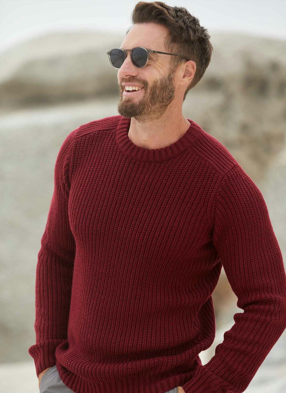 Male PG FIELD Crew Neck Fisherman Rib Jumper | Dark Red | EWM | EWM