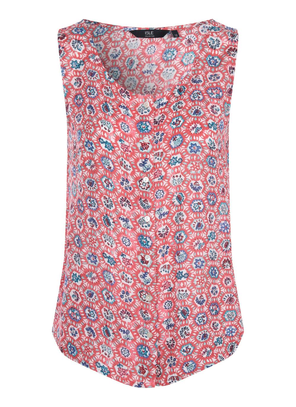 Female Isle Printed Viscose Button Vest | Mid Denim | EWM | EWM