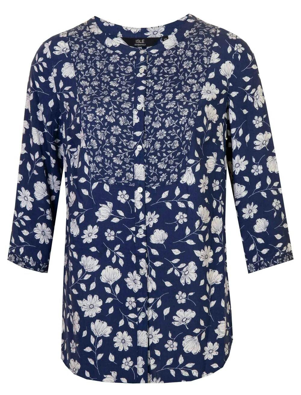 Female Isle Navy Stewart Tartan Floral Blouse with Contrast Bib Print ...