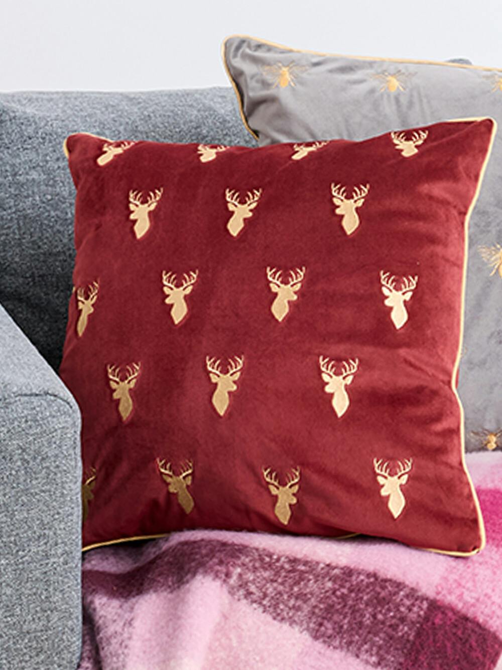 Berry Red Stag Embroidered Velvet Cushion | EWM