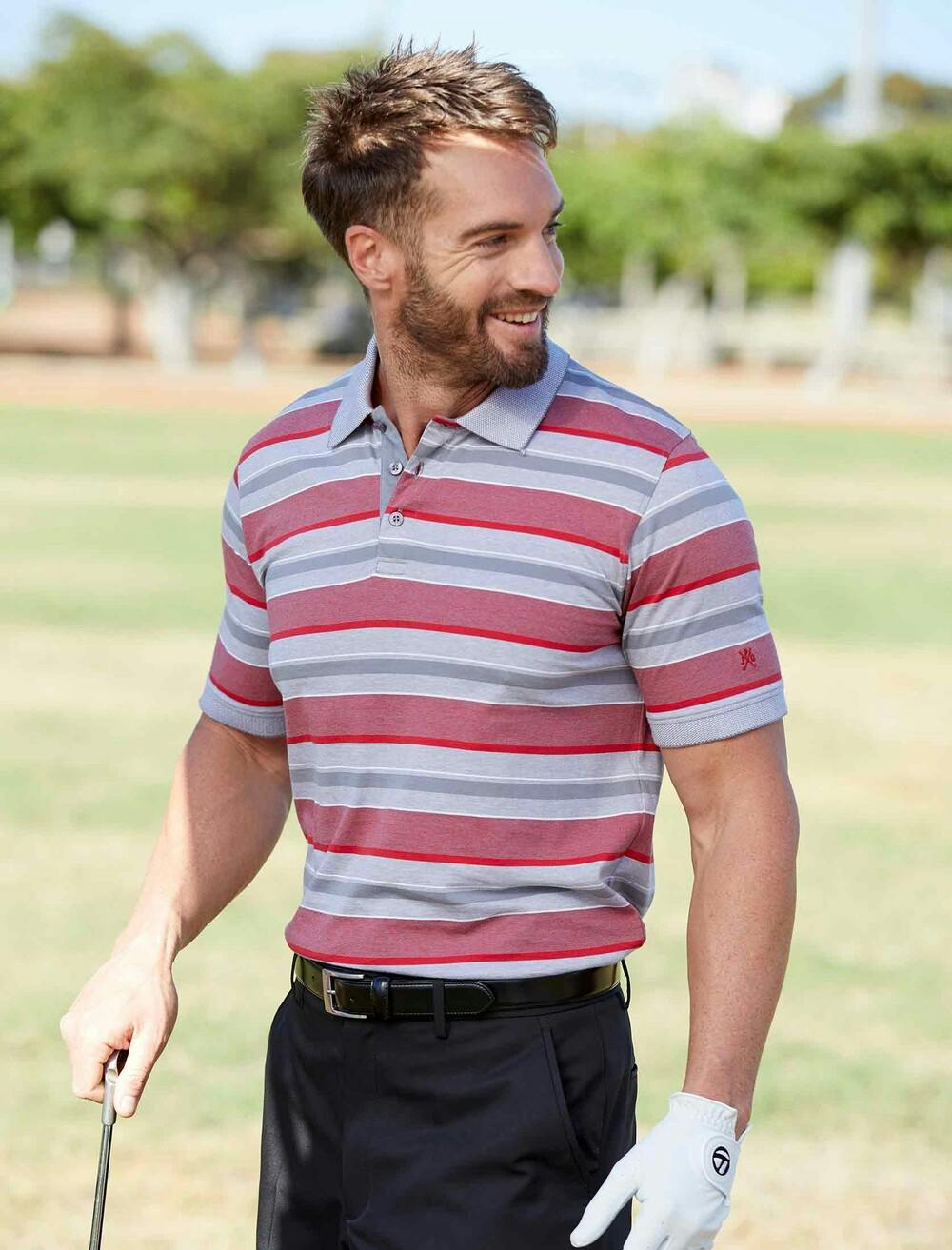 Male James Pringle Golf Stripe Polo Shirt | Mid Grey | EWM | EWM