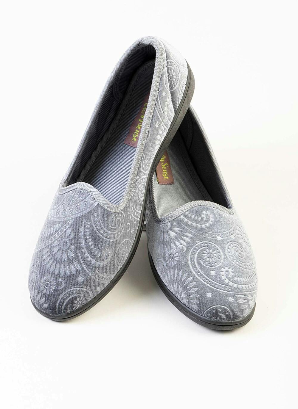 Grey Embossed Velour Slippers | EWM