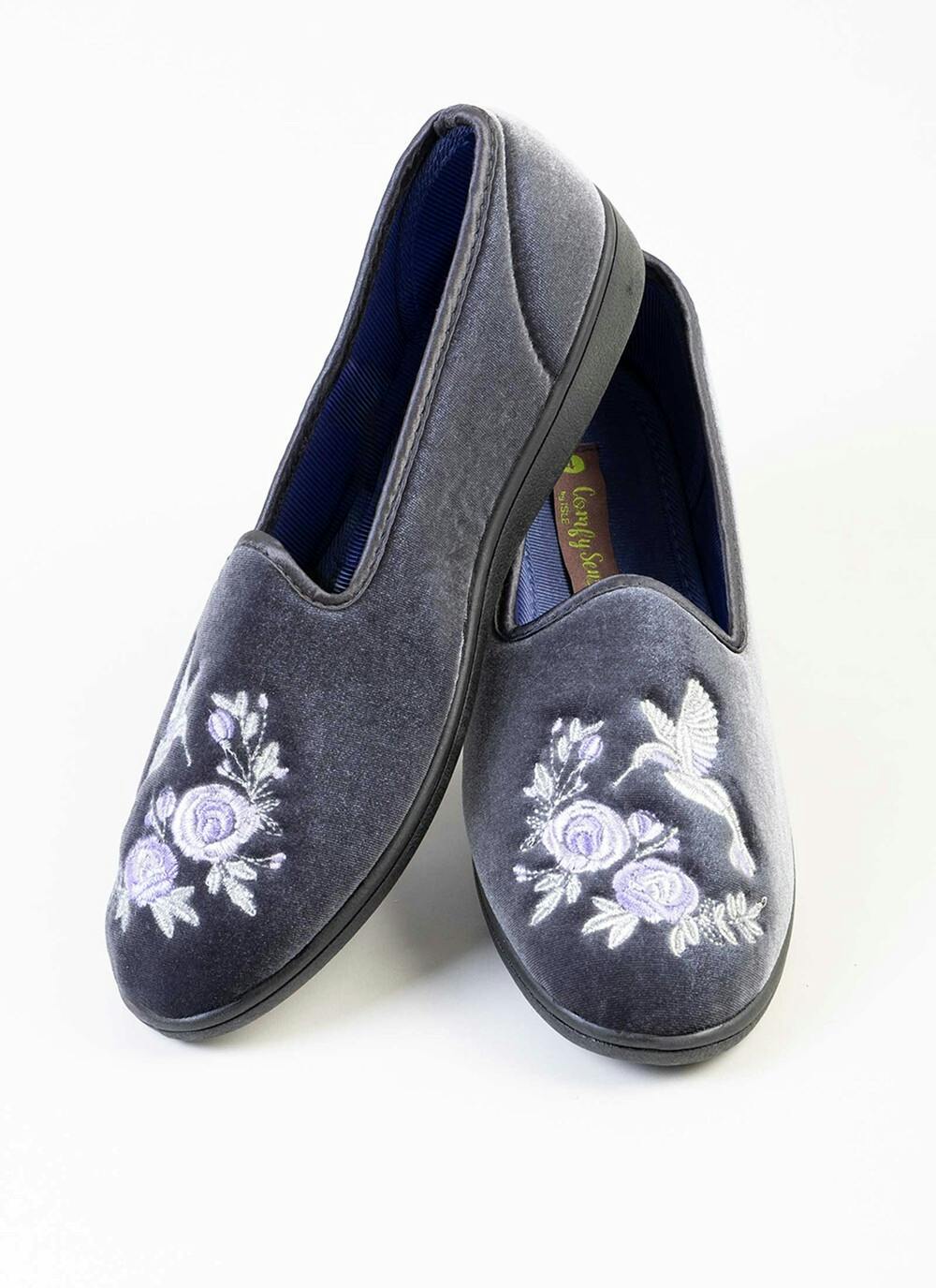 Grey Embroidered Velour Slippers | EWM