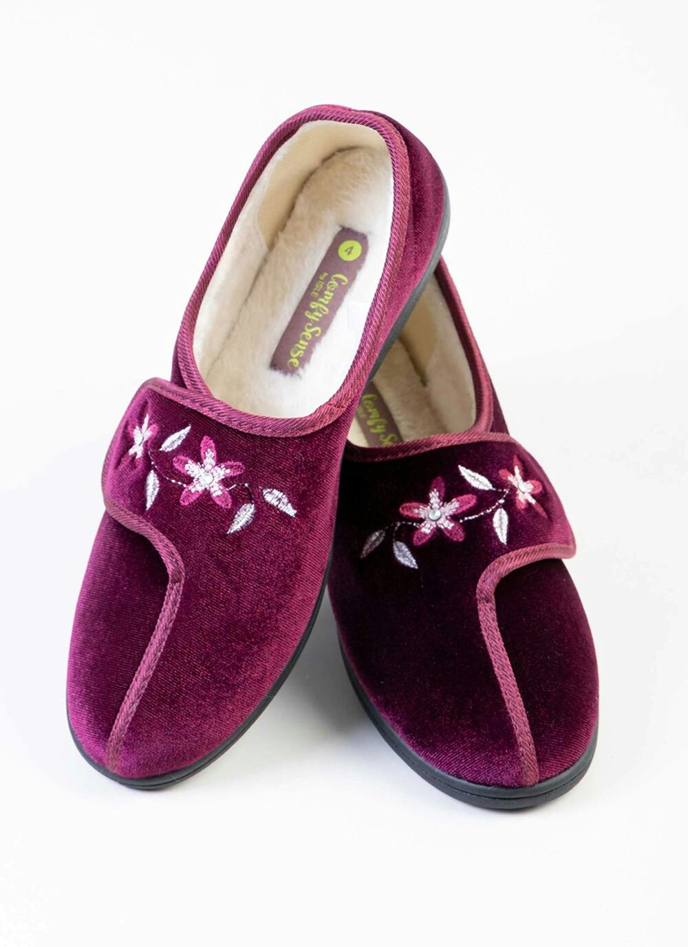 Wine Embroidered Velour Slippers | EWM