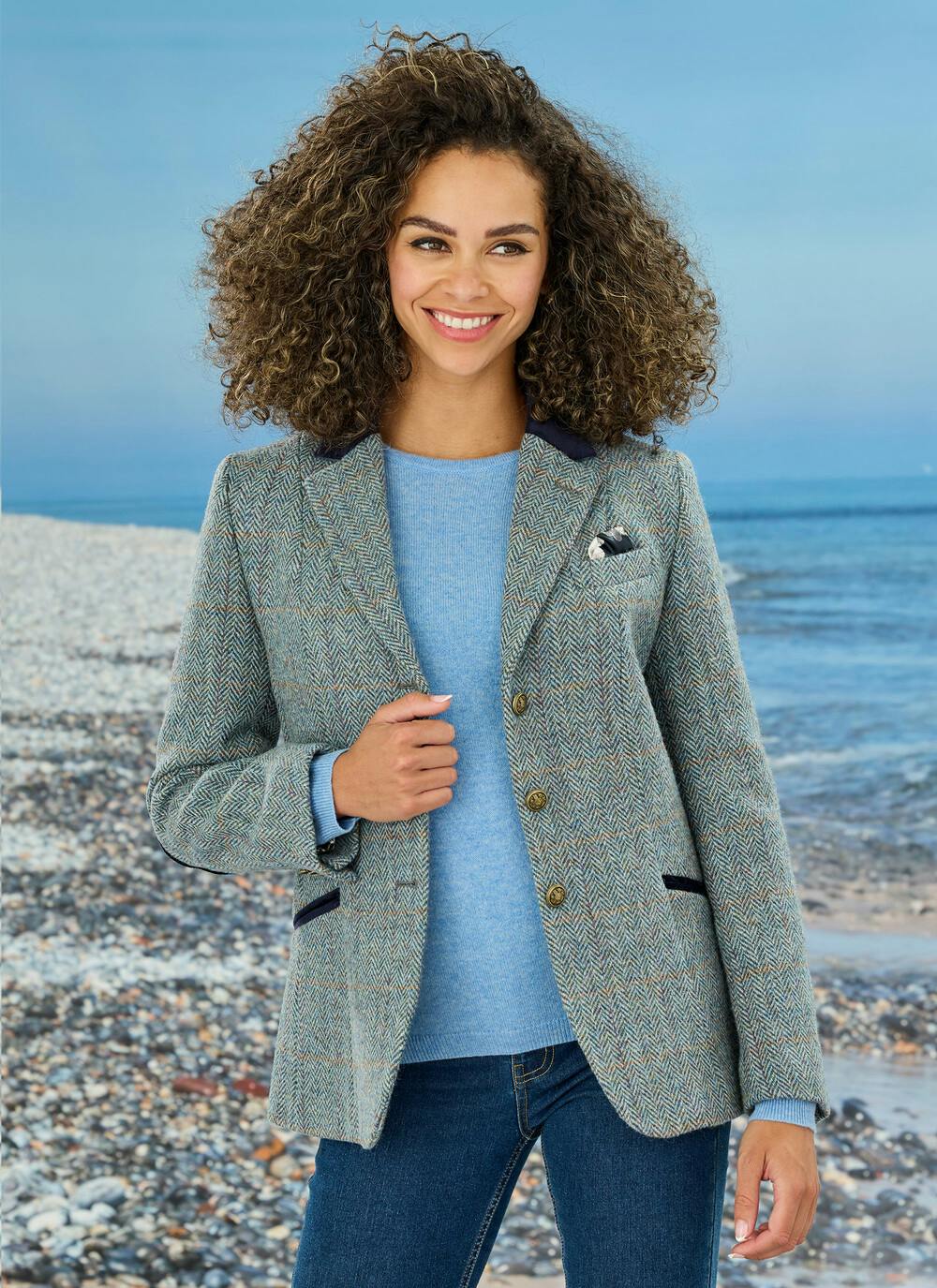 Iona Light Blue Overcheck HARRIS TWEED® Ladies' Jacket | EWM