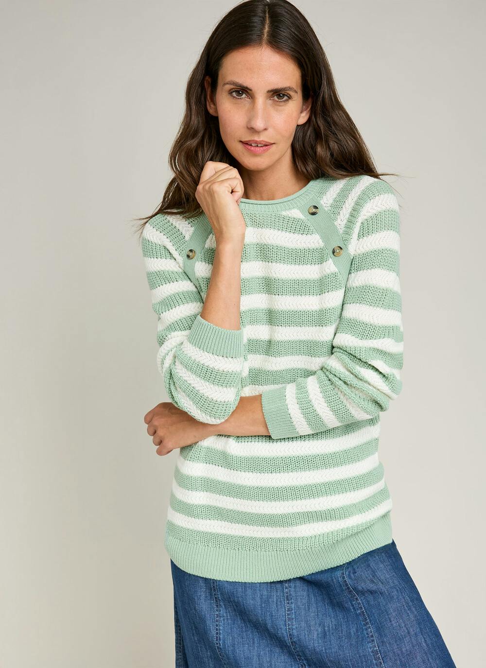 Button Detail Textured Striped Crew Neck Jumper | EWM