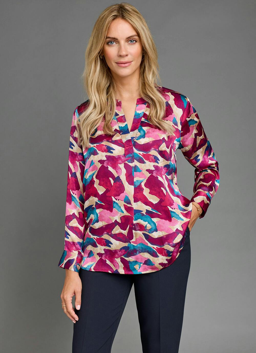 Satin Printed Pop Over Blouse | EWM