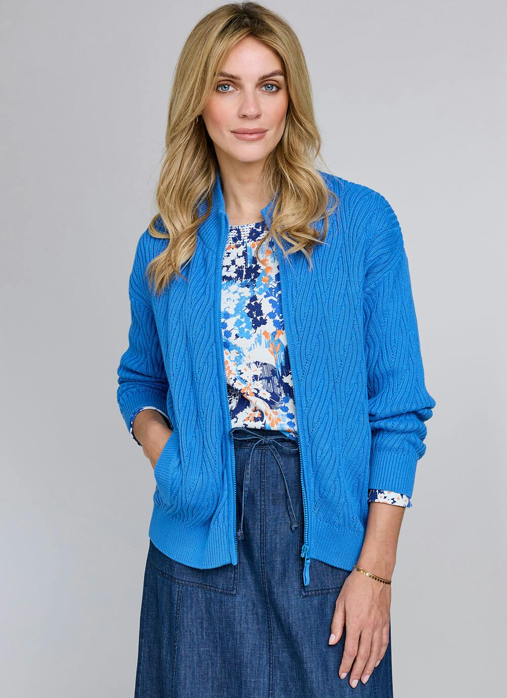 Pure Cotton Cable Zip Up Cardigan | EWM