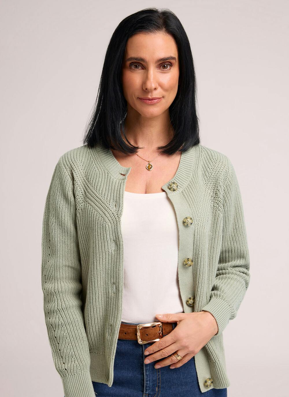Pure Cotton Crew Neck Textured Cardigan | EWM