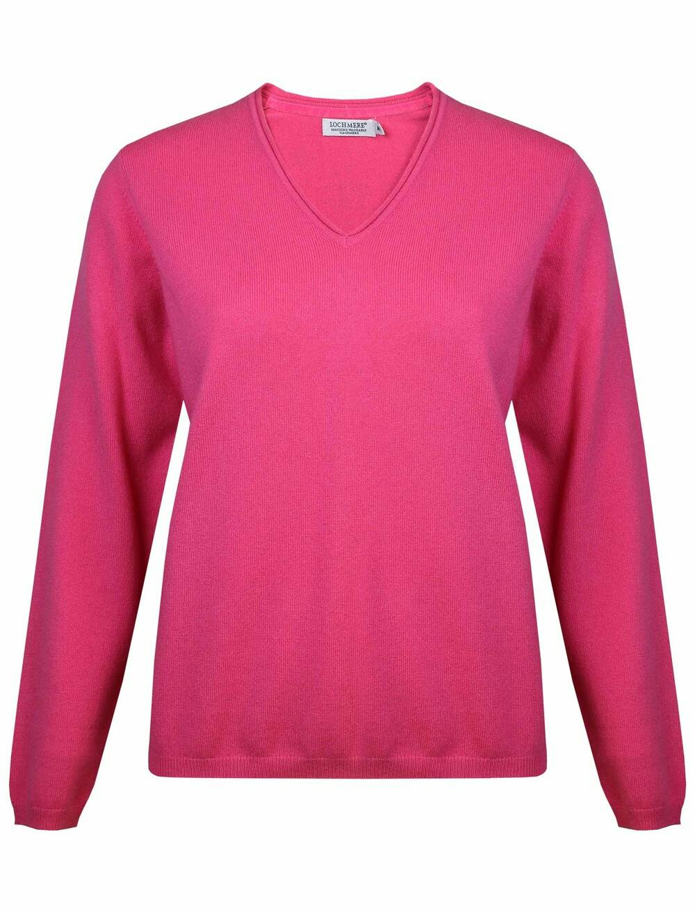 Female Lochmere Cashmere V Neck Jumper | Bright Pink | EWM | EWM